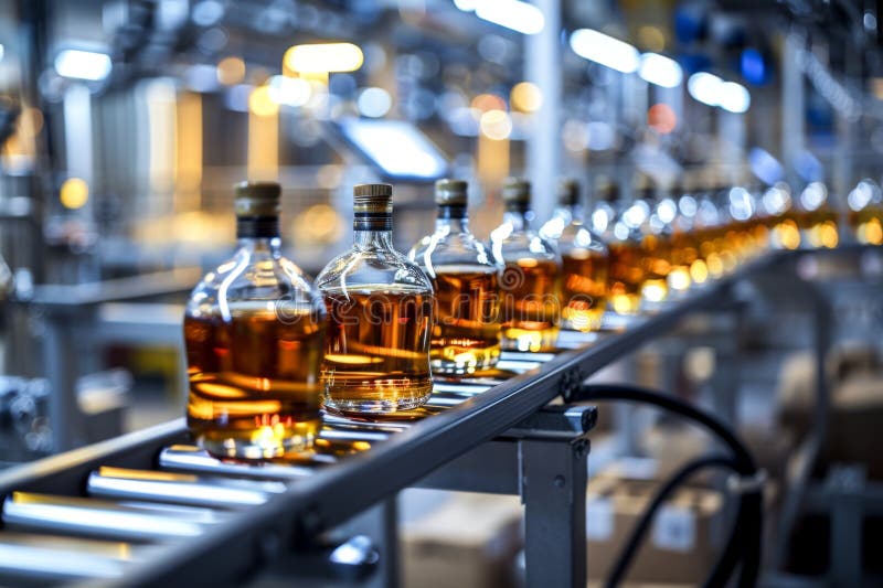 Bottled Whiskey on Assembly Line in Modern Factory Setting. Precision ...