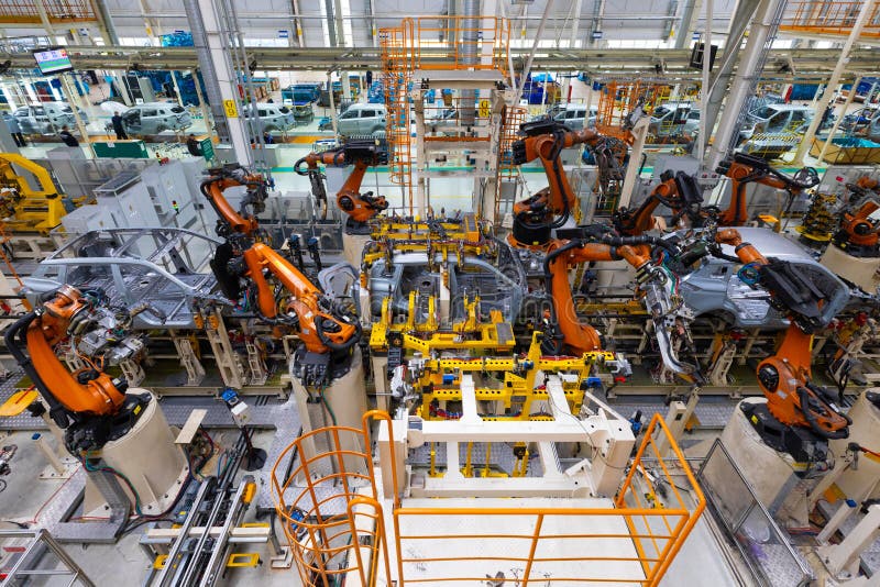 Assembly Line in a Car Factory, Welding with Robots, Automated Work ...