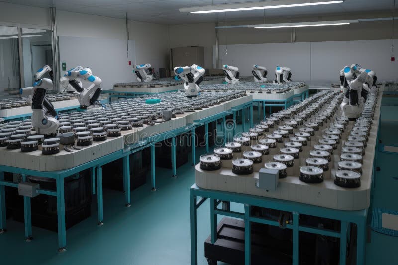 Assembly Line Of Cobots Each Performing Precise Task In Sequence Stock Illustration