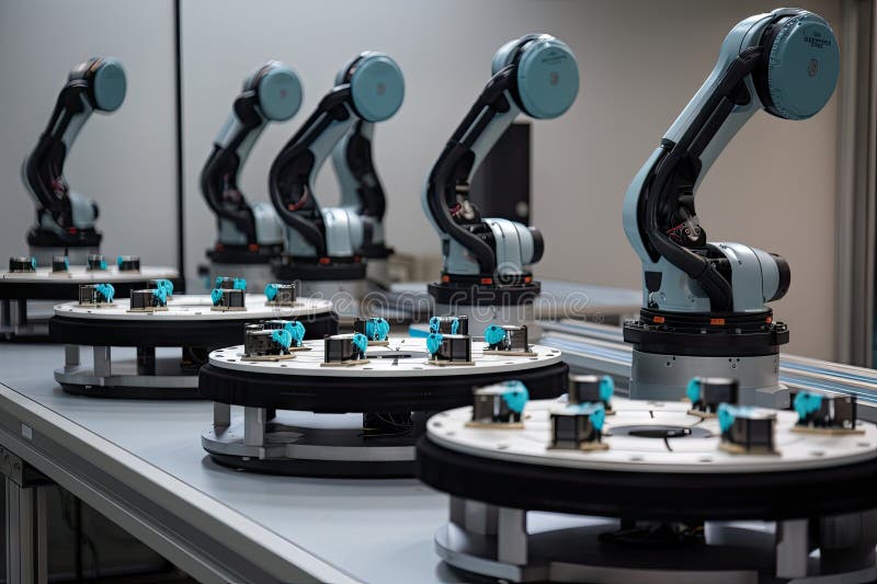 Assembly Line Of Cobots Each Performing Precise Task In Sequence Stock