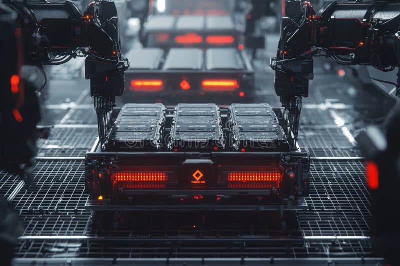 Assembly Line for Electric Car Battery Cells with Robots Stock Image ...