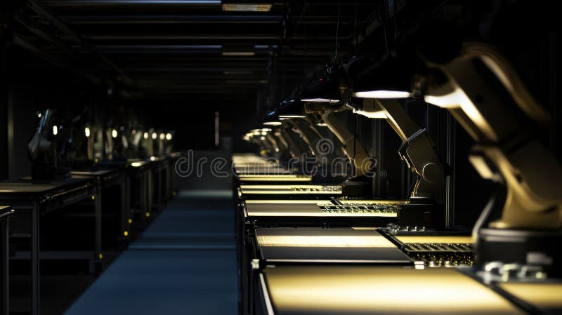 An Assembly Line Equipped with Robotic Arms Meticulously Assembling ...