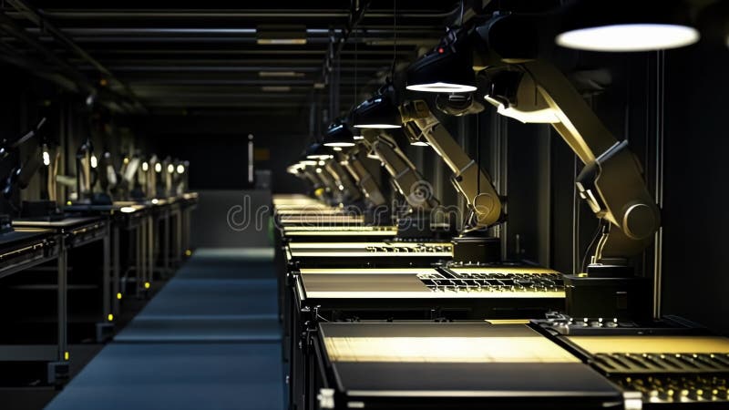 An Assembly Line Equipped with Robotic Arms Meticulously Assembling ...