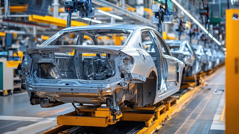 Assembly Line Featuring Unpainted Car Frames in a Manufacturing ...