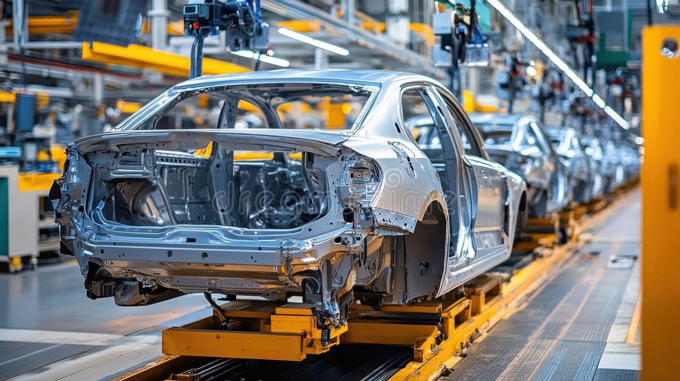 Assembly Line Featuring Unpainted Car Frames in a Manufacturing ...