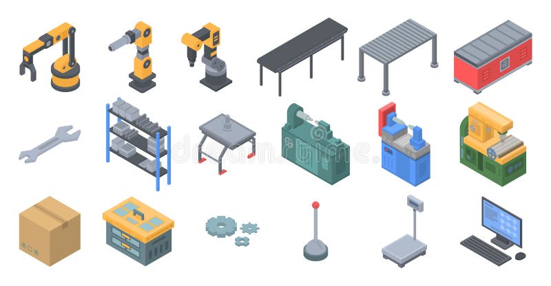 Assembly Line Icons Set, Isometric Style Stock Vector - Illustration of ...