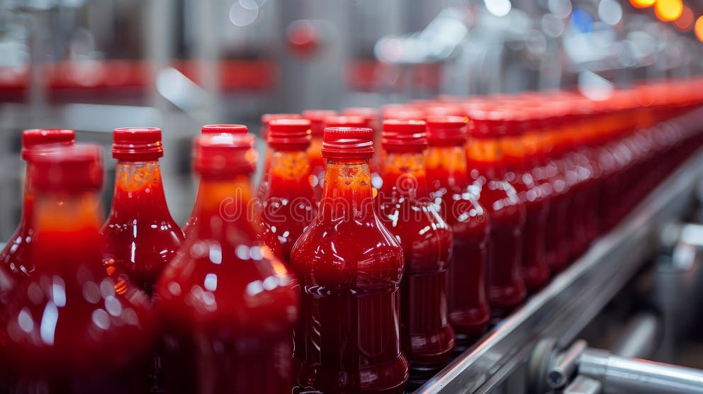 Assembly Line with Ketchup Bottles Stock Photo - Image of line ...