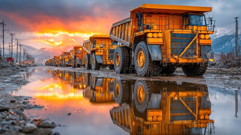 Assembly Line of Large Yellow Dump Trucks in a Brightly Lit Industrial ...