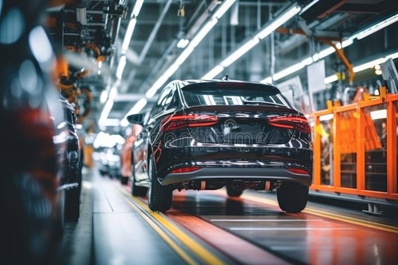 Assembly Line for the Production of Modern Cars. Robots Weld a Car Body ...