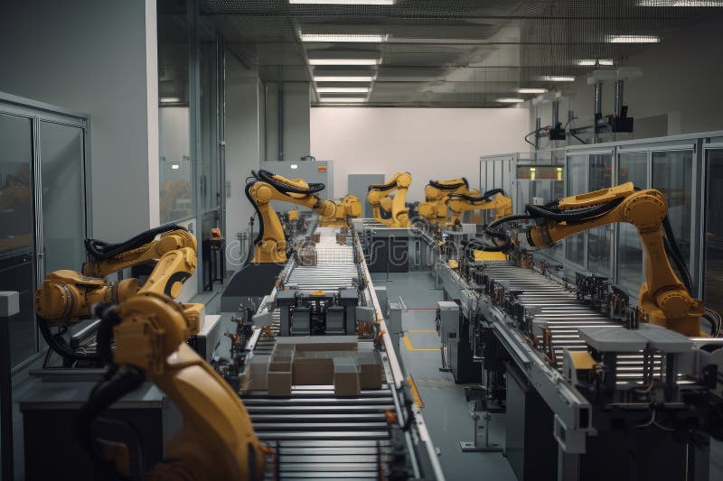 Assembly Line, with Robotic Arms and Hands Assembling Products and ...