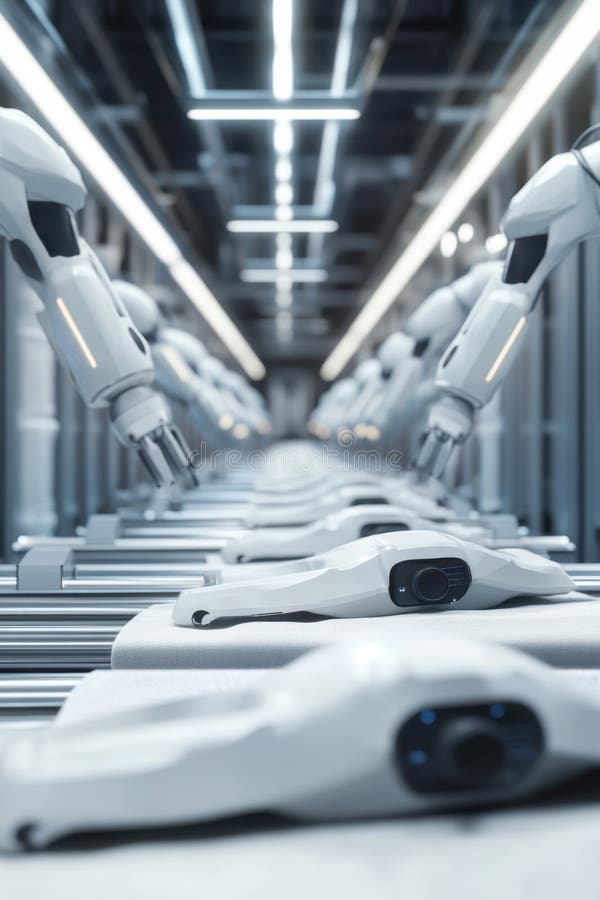 Assembly Line of Robotic Arms in a Modern Industrial Setting. Stock ...