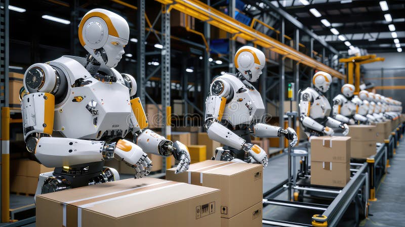 Assembly Line Robots Packing Boxes in a Factory Generated with AI Stock ...