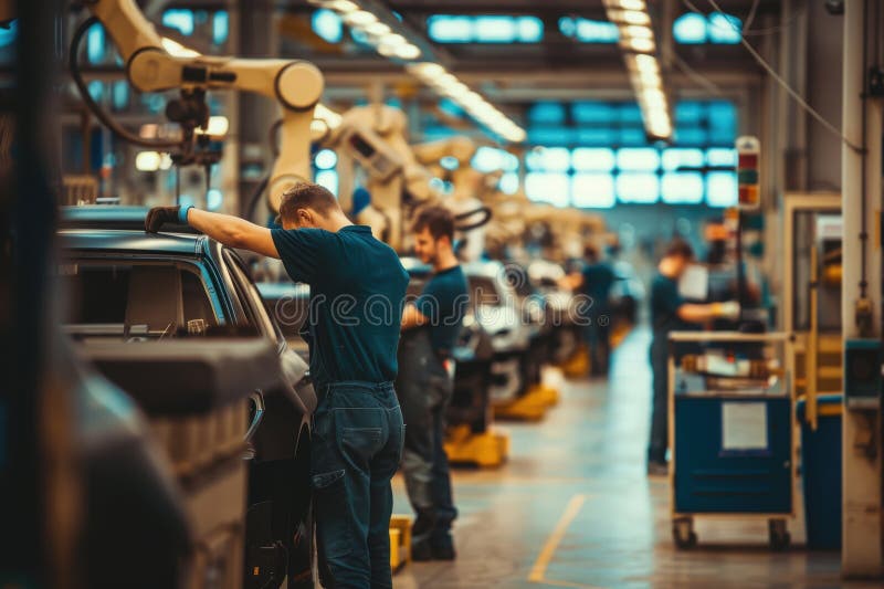 Assembly Line Workers Build Cars Stock Illustration - Illustration of ...
