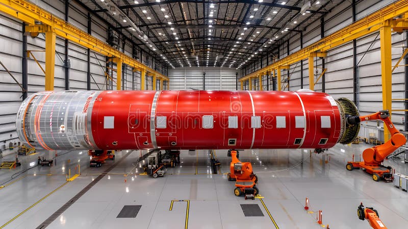 Assembly of a Red Space Rocket Section in a Vast Industrial Factory ...