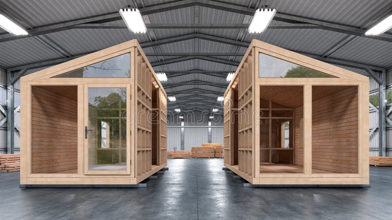 Assembly Shop of Modular Houses with Ready-made and Unfinished. 3d ...