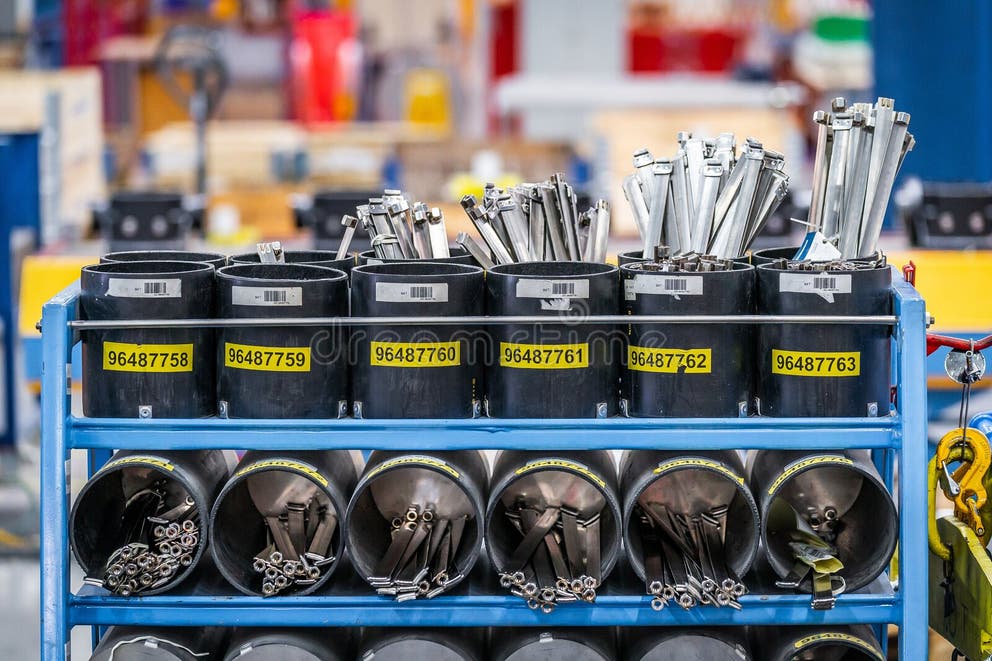 Assembly Stack with Bolts and Nuts in Numbered Containers Front View ...