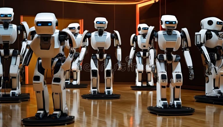 Assembly of White Robots in Showroom Stock Photo - Image of lineup ...