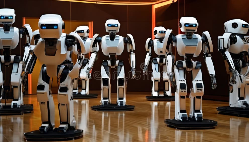 Assembly of White Robots in Showroom Stock Photo - Image of lineup ...