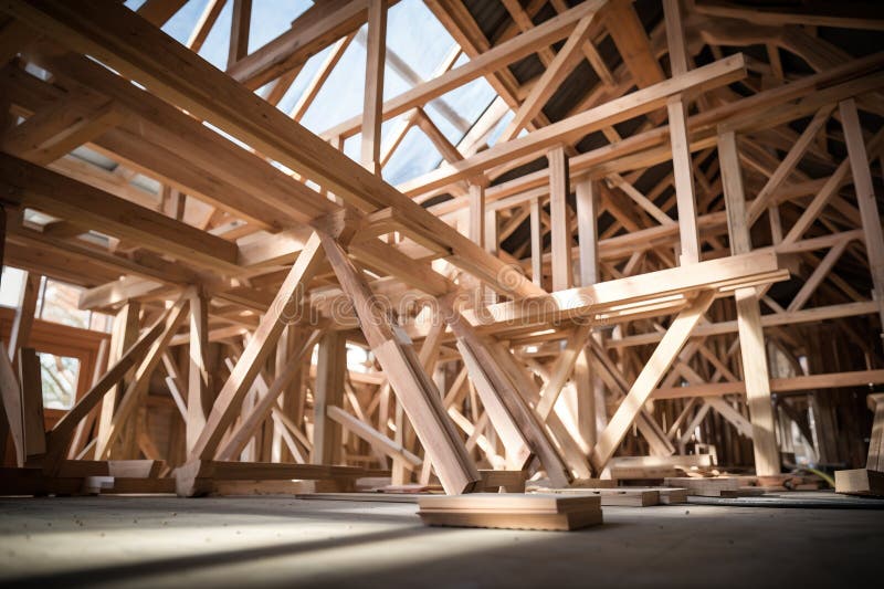 Assembly of the Wooden Frames Beams and Trusses. Generative AI Stock ...