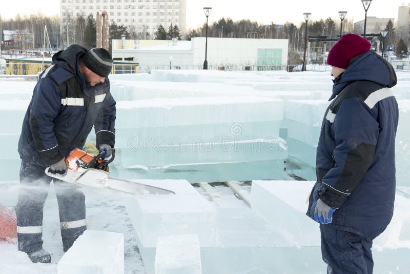 Worker Cuts Ice Panel with Gasoline Saw Stock Image - Image of frost ...