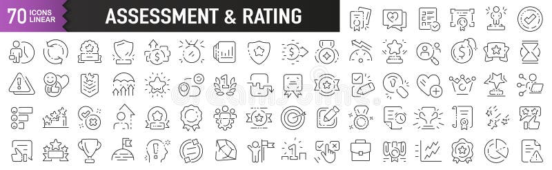 Assessment and Rating Black Linear Icons. Collection of 70 Icons in ...