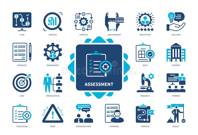 Assessment solid icon set stock illustration. Illustration of examine ...