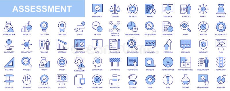 Assessment Web Icons Set in Blue Line Design. Pack of Process, Report ...