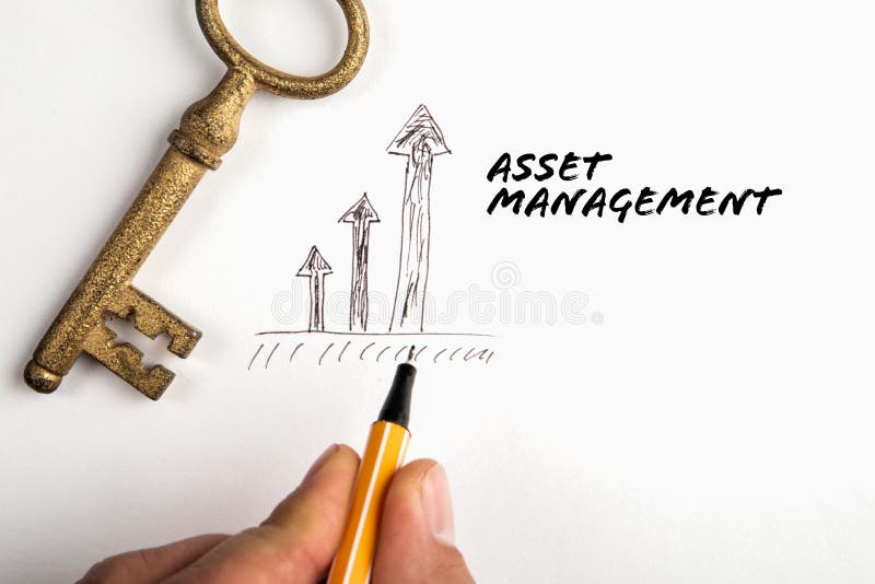 Asset Management Concept. Development Arrows and Key on White Text ...