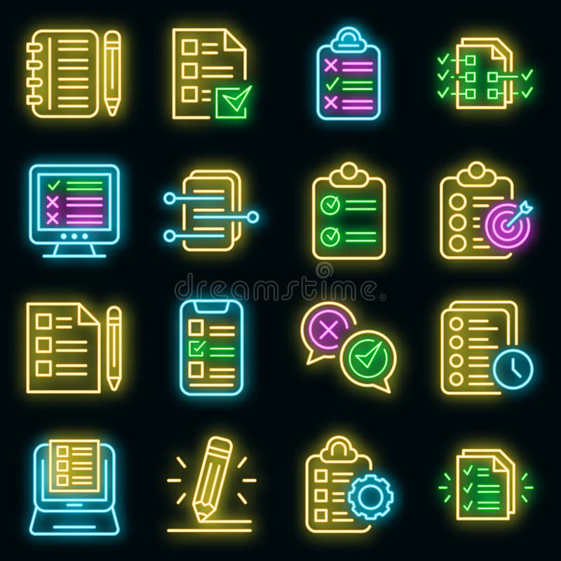Assignment Icons Set Vector Neon Stock Vector - Illustration of mistake ...