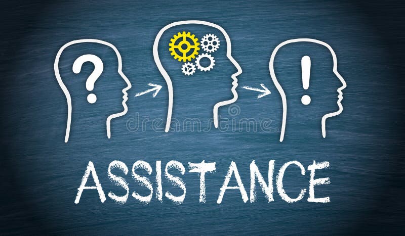 Assistance - Blue Chalkboard with Text and Three Heads Stock ...