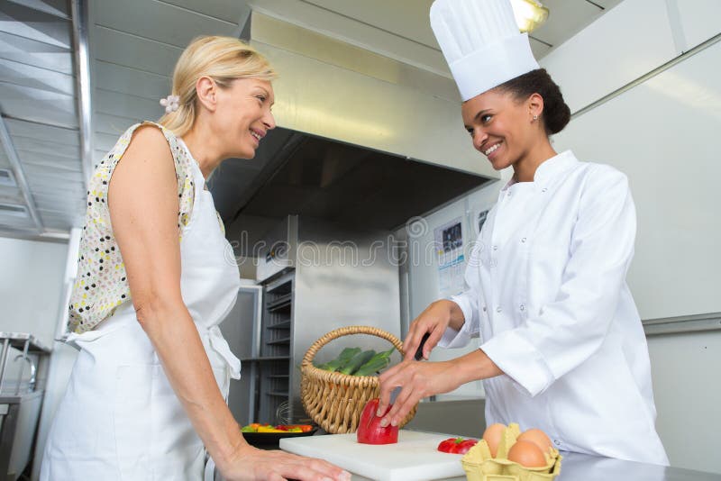 Assistance and Chef Cook in White Hat in Kitchen Stock Image - Image of ...