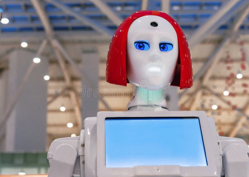 Assistant Robot with Expressive Blue Eyes and Red Hair Stock Photo ...