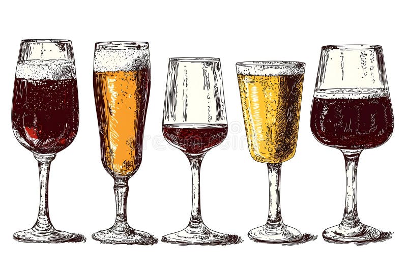Assorted Alcoholic Beverages in Glasses, White Background, for Menu ...