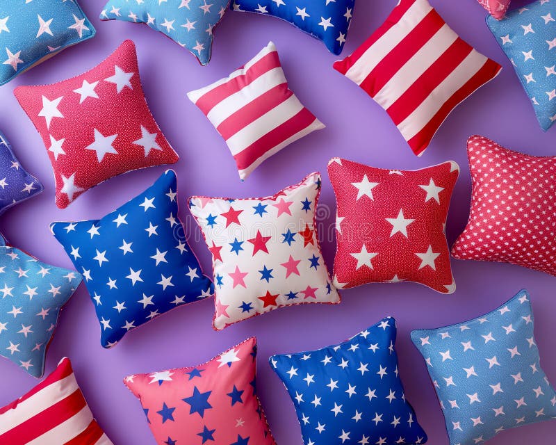 Assorted American Flag Inspired Star Pattern Throw Pillows on Purple ...