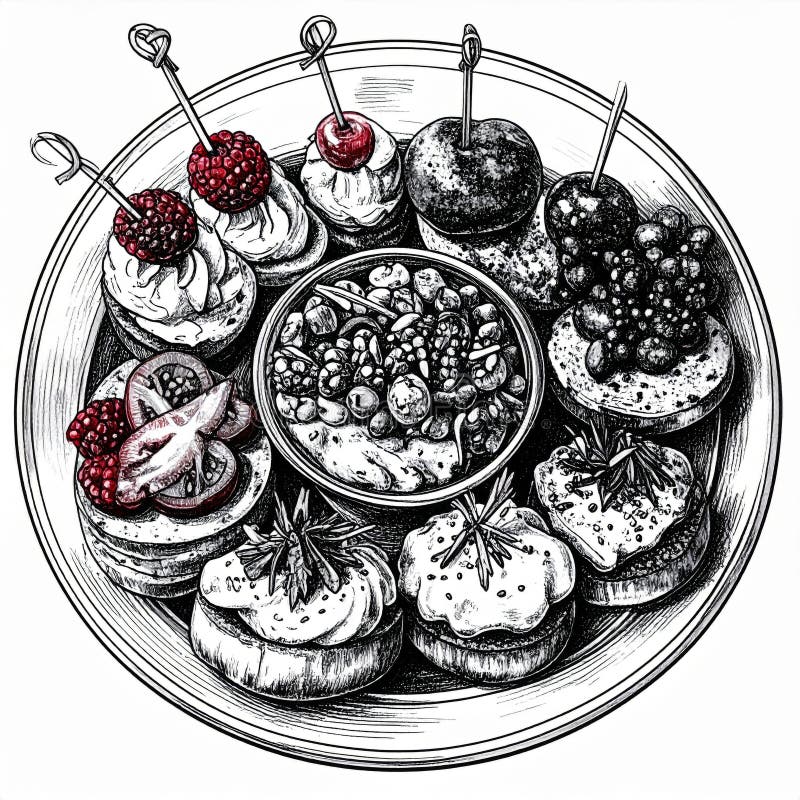 Assorted Appetizers on a Circular Plate Stock Illustration ...