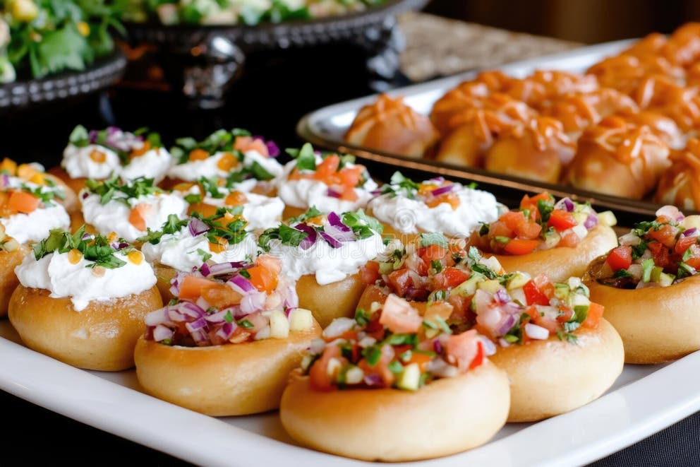 Assorted Appetizers with Cream and Salsa Toppings on a Platter Stock ...