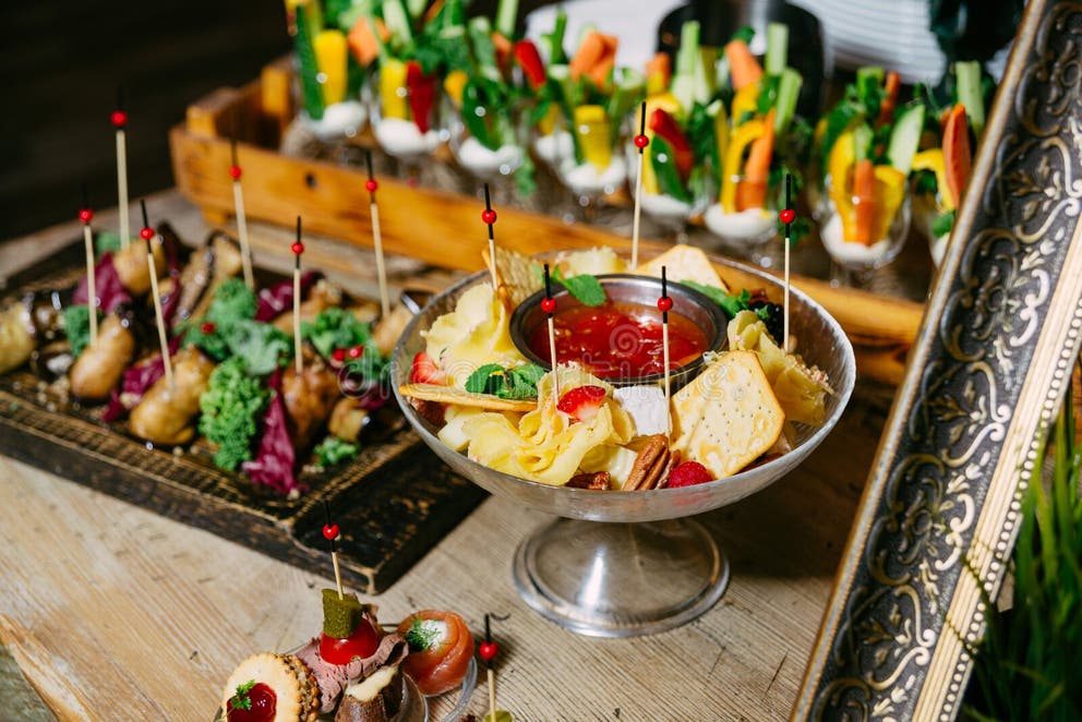 Assorted Appetizers and Dips on Event Buffet Table Stock Image - Image ...
