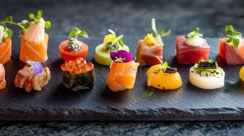 Assorted Appetizers Served on a Smooth Black Plate Stock Image - Image ...