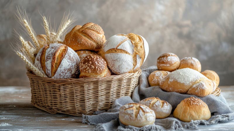 Assorted Artisan Bread in Baskets with Wheat on Rustic Table Stock ...