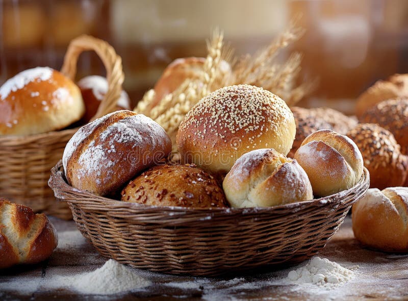 Assorted Artisan Bread Loaves in Rustic Basket with Wheat and Flour ...