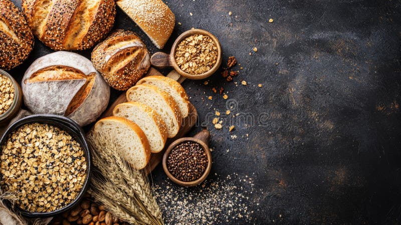 Assorted Artisan Breads and Grains on a Dark Rustic Background Stock ...