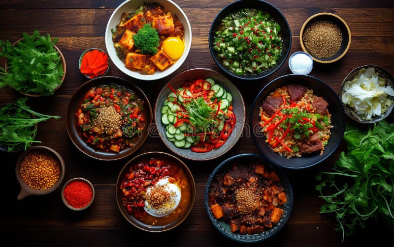 Assorted Asian Cuisine Dishes Served in Bowls on a Dark Table ...