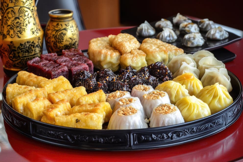 Assorted Asian Dim Sum Platter with Decorative Vases Stock Image ...