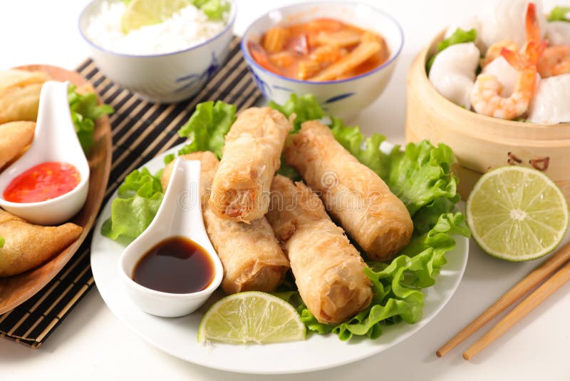 Assorted of Asian Food with Spring Roll, Soy Sauce Stock Image - Image ...