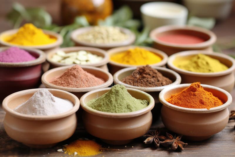 Assorted Ayurvedic Powders in Small Ceramic Pots Stock Image - Image of ...