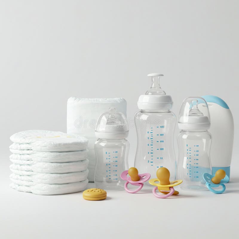 Assorted Baby Care Items Include a Stack of White Disposable Diapers ...