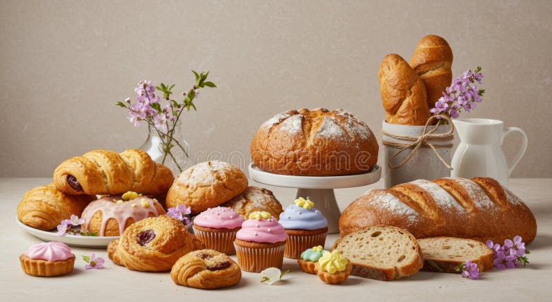 Assorted Baked Goods and Pastries with Spring Flowers Stock Image ...