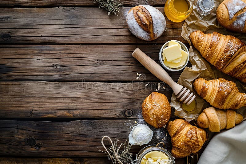 Assorted Baked Goods on Rustic Wooden Table - Cozy Bakery Scene Stock ...