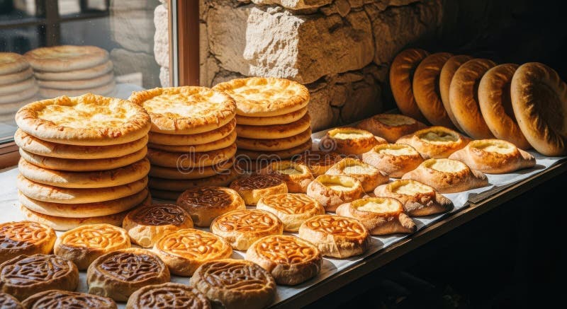 Assorted Baked Pastries and Cookies Display in Bakery Window Stock ...