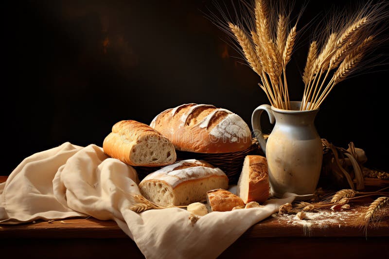 Assorted Bakery Items and Wheat Grains Arranged on a Table. a Depiction ...